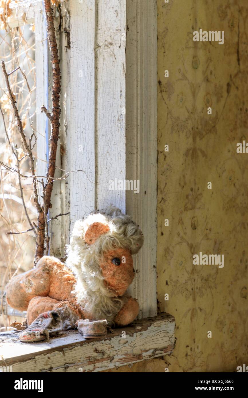 Ukraine, Pripyat, Chernobyl. Stuffed toy in broken window Stock Photo ...