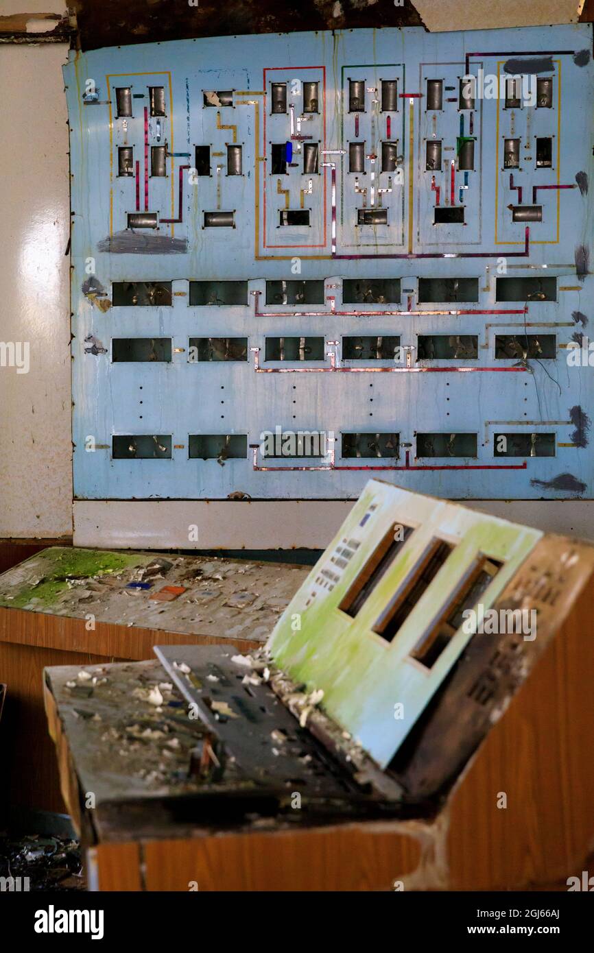 Ukraine, Pripyat, Chernobyl. Abandoned, ruined, computer machinery and ...