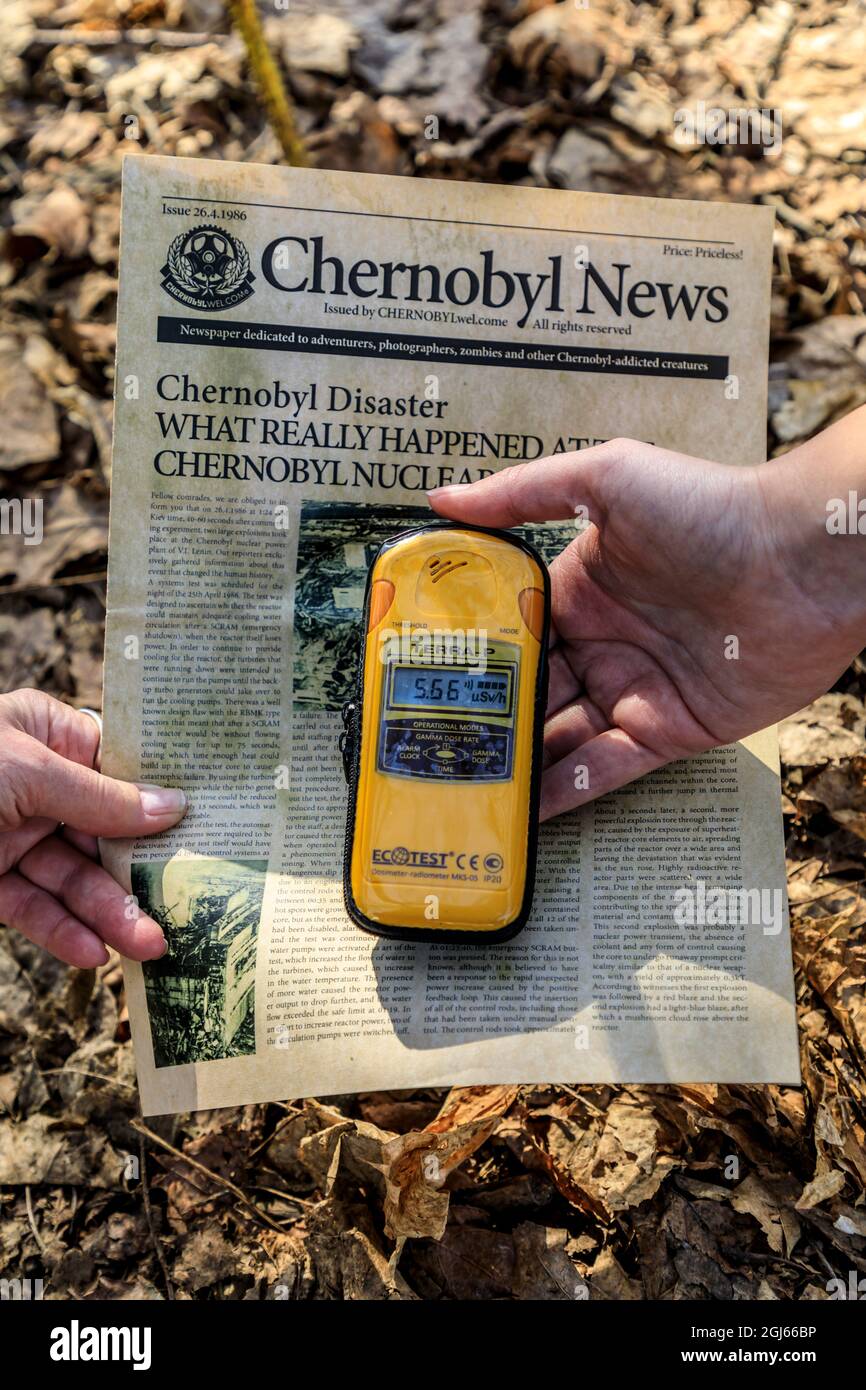 Ukraine, Pripyat, Chernobyl. Abandoned town. Newspaper and radiation ...