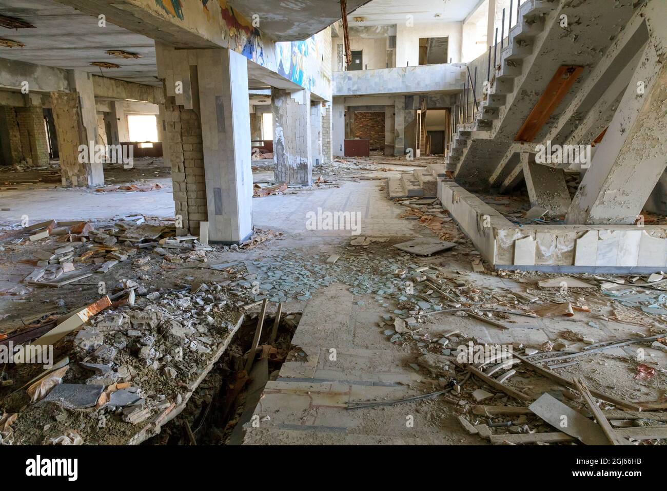 Ukraine, Pripyat, Chernobyl. City center buildings. Basement of the ...