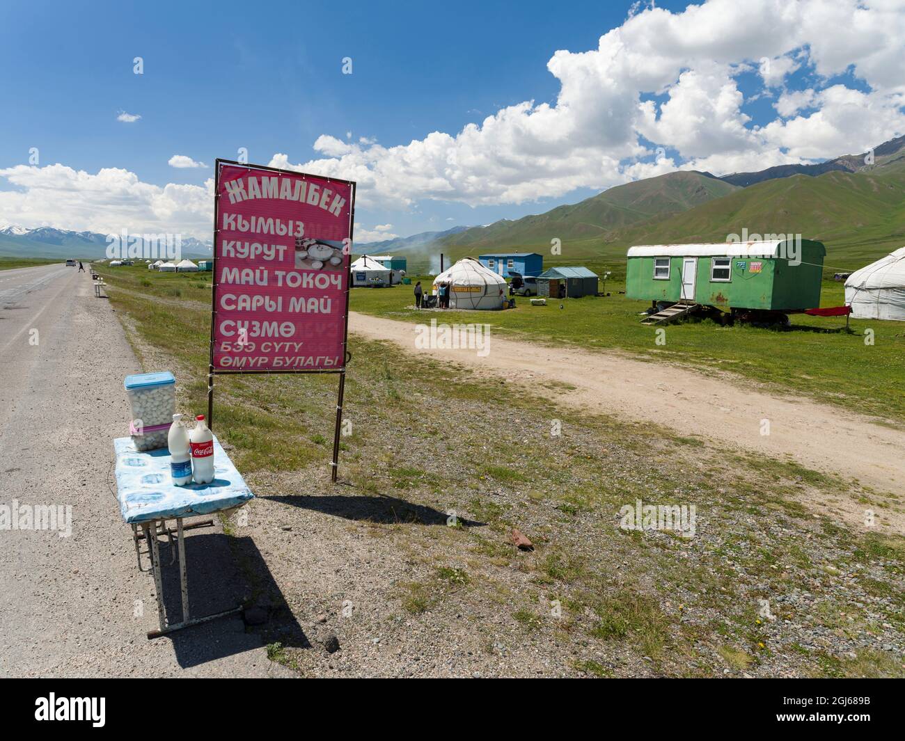 Selling of milk, Kumiss and Kurt (dried yogurt). Yurts on summer ...