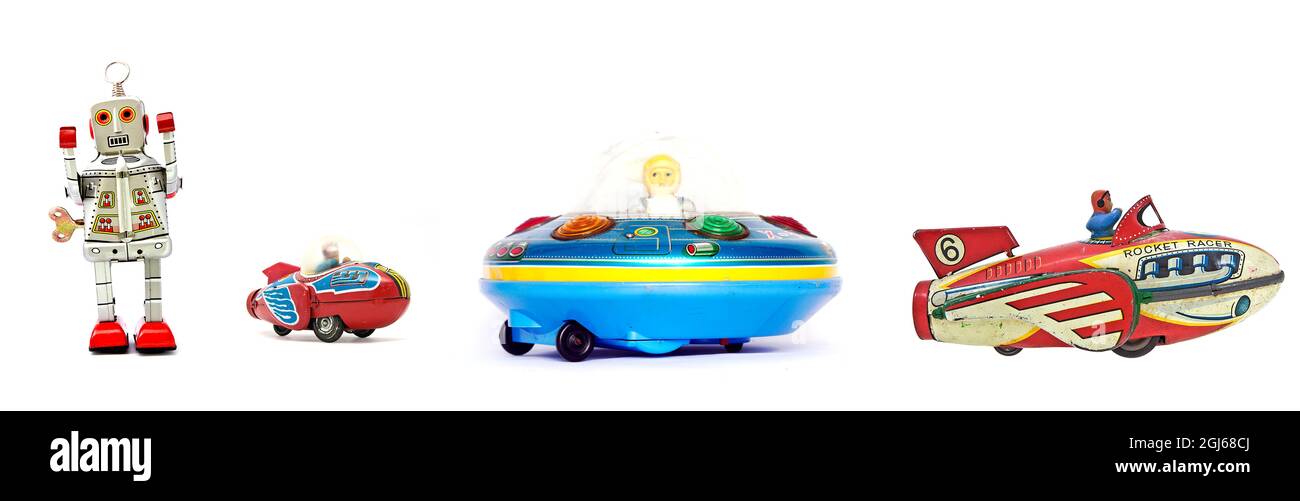 retro isolated toys robot rocket and UFO Stock Photo - Alamy