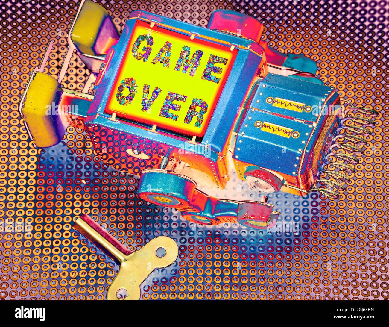 over tired robot game over bright colors Stock Photo - Alamy