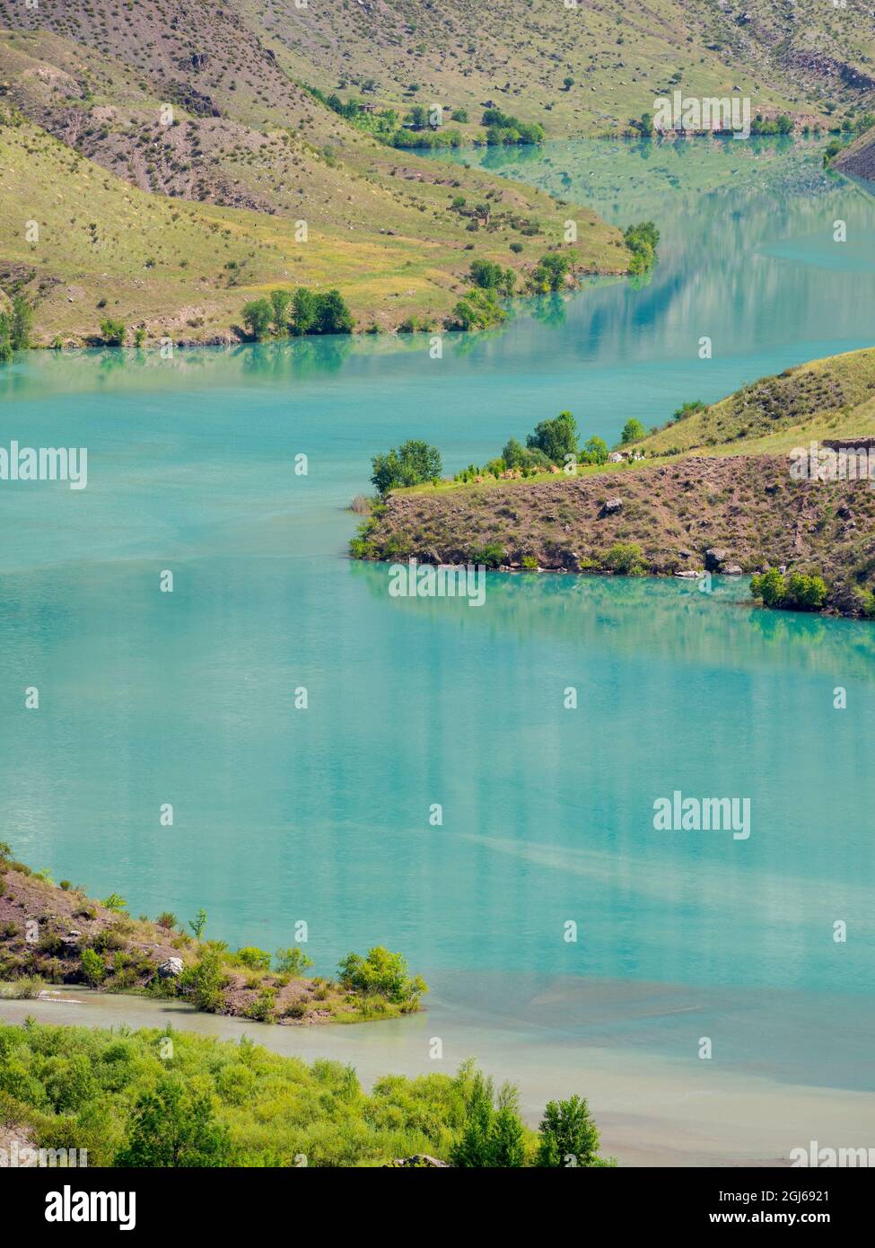 Landscape along the Tien Shan Highway, the Kurpsai Reservoir, at river ...
