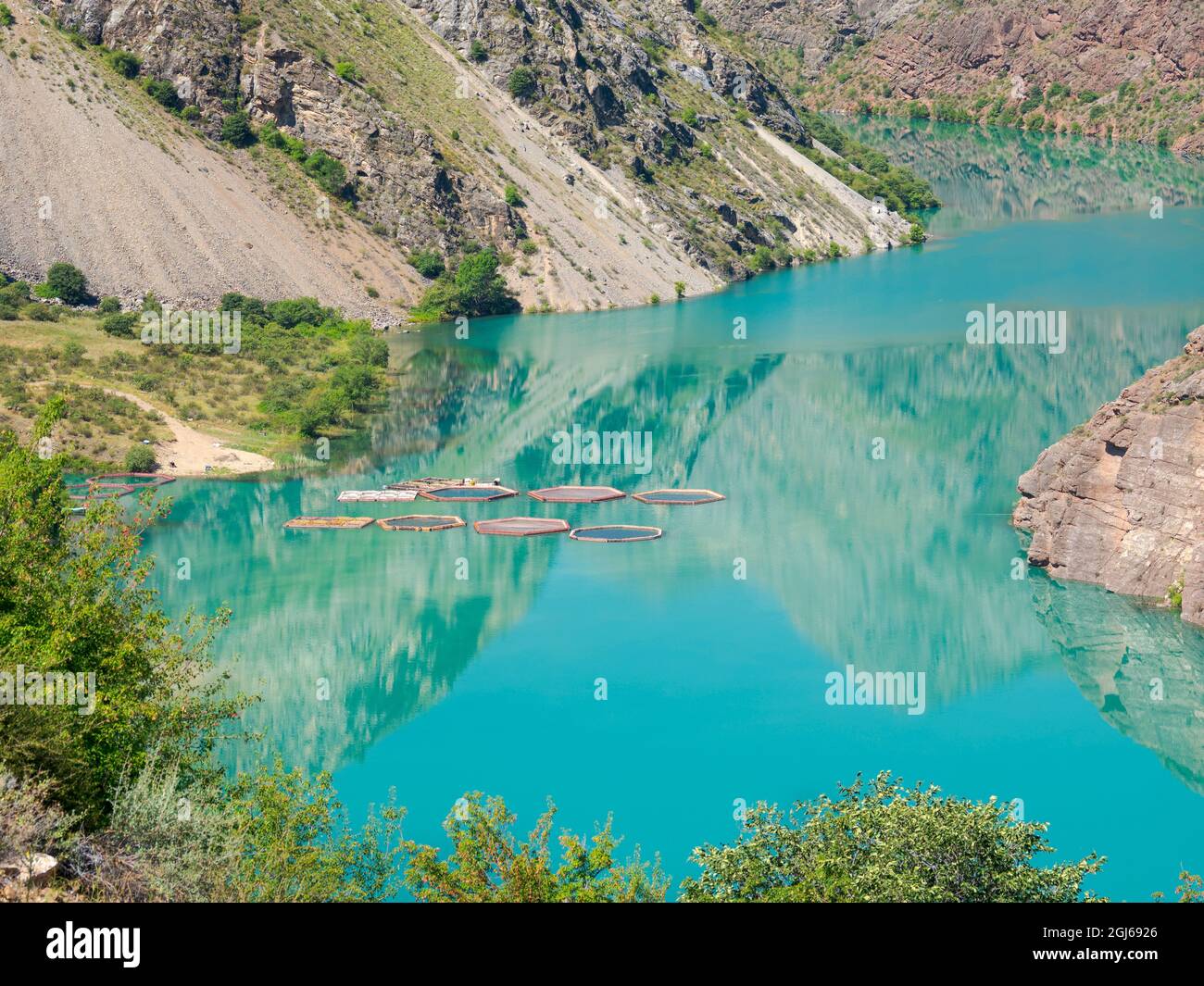 Landscape along the Tien Shan Highway, the Kurpsai Reservoir, at river ...