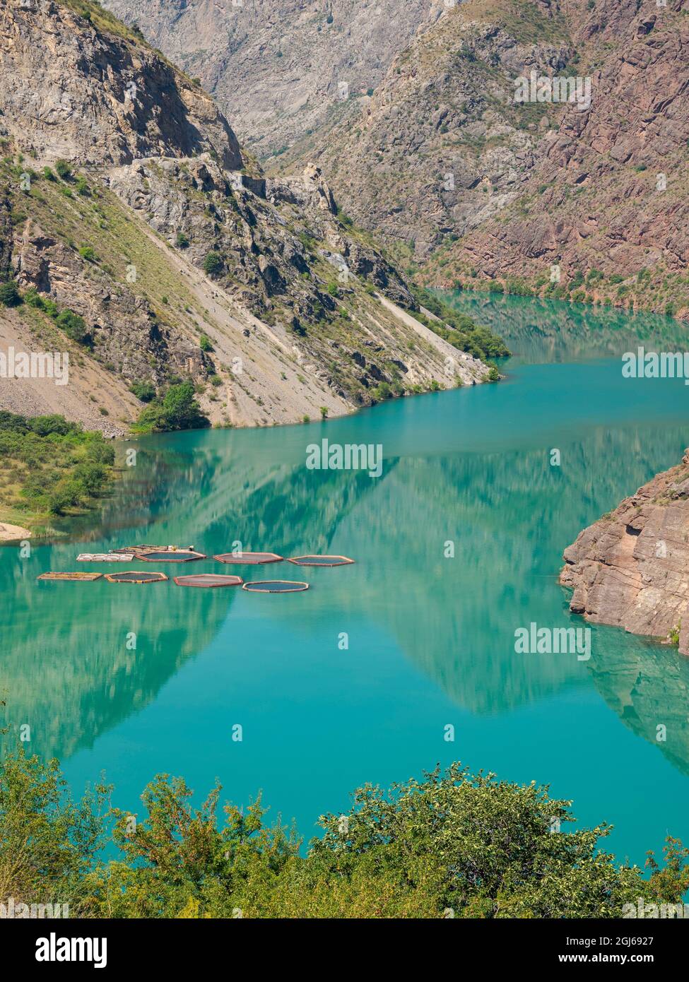 Landscape along the Tien Shan Highway, the Kurpsai Reservoir, at river ...