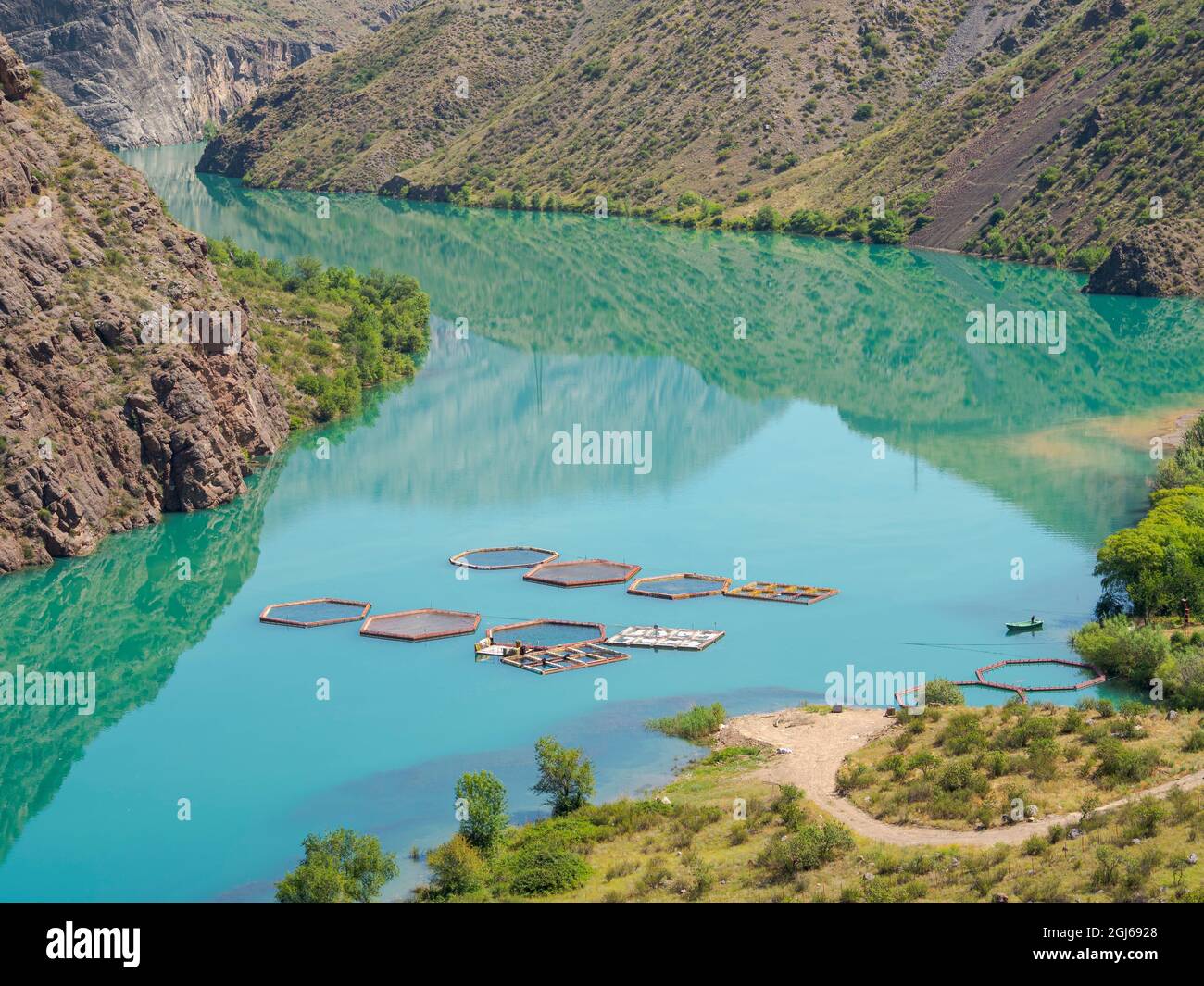 Landscape along the Tien Shan Highway, the Kurpsai Reservoir, at river ...