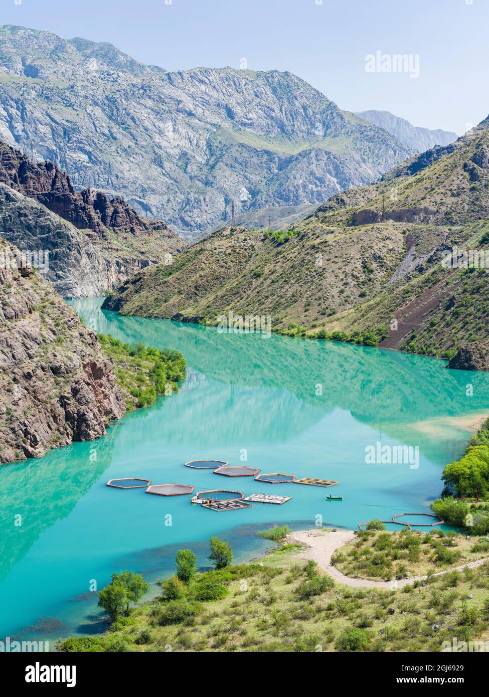 Landscape along the Tien Shan Highway, the Kurpsai Reservoir, at river ...