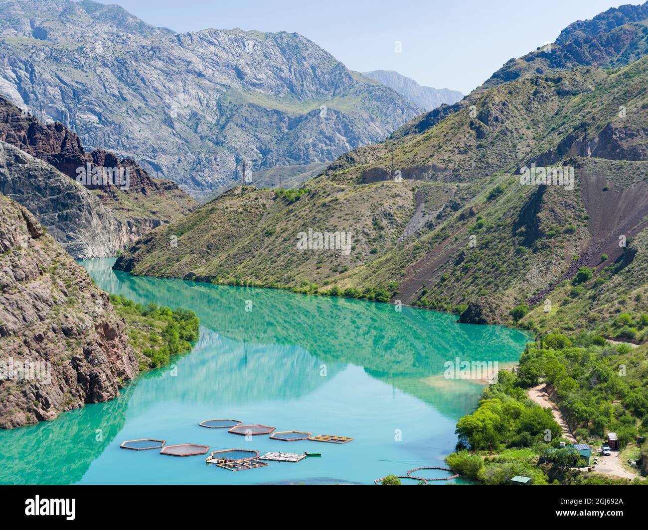 Landscape along the Tien Shan Highway, the Kurpsai Reservoir, at river ...