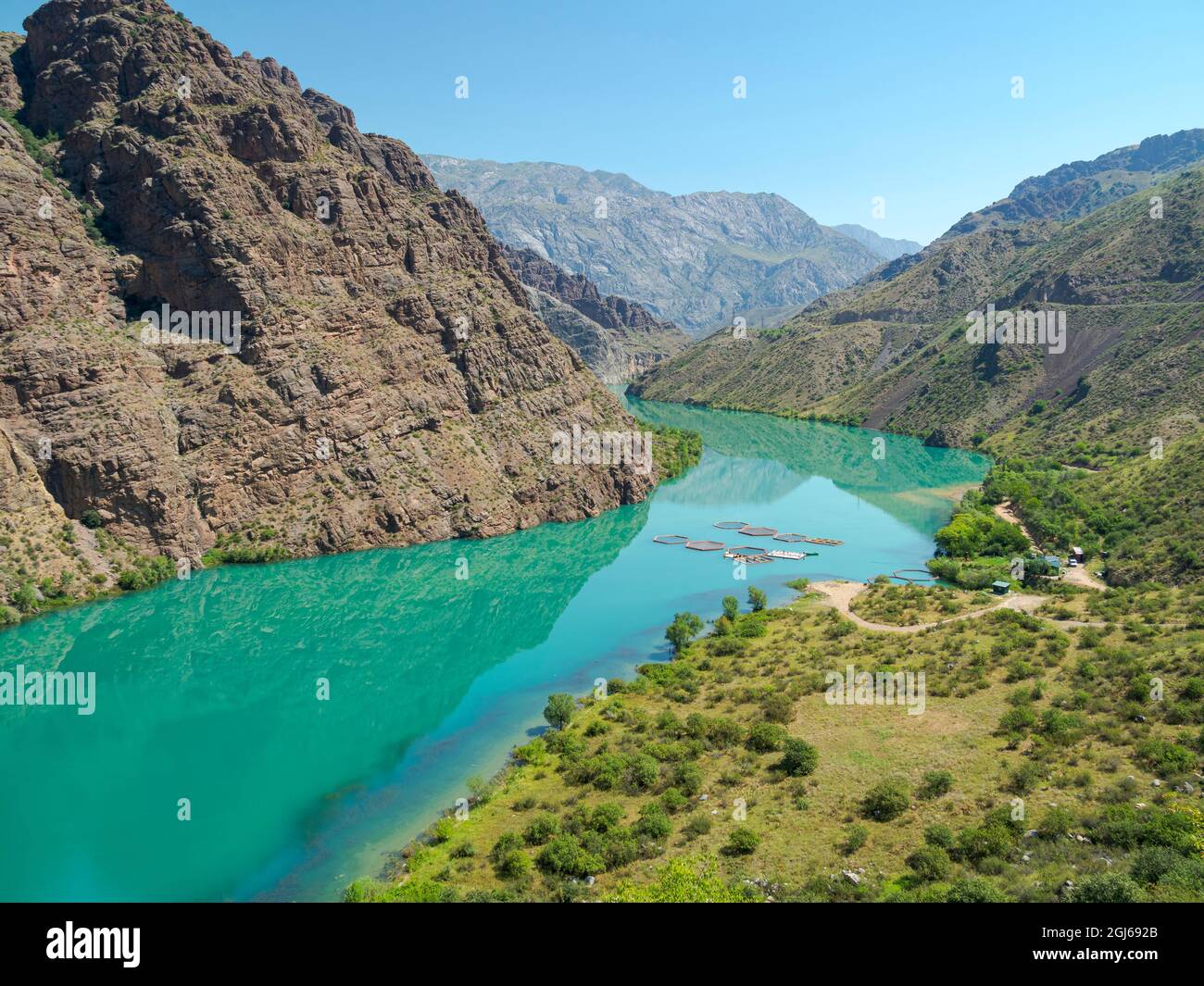 Landscape along the Tien Shan Highway, the Kurpsai Reservoir, at river ...