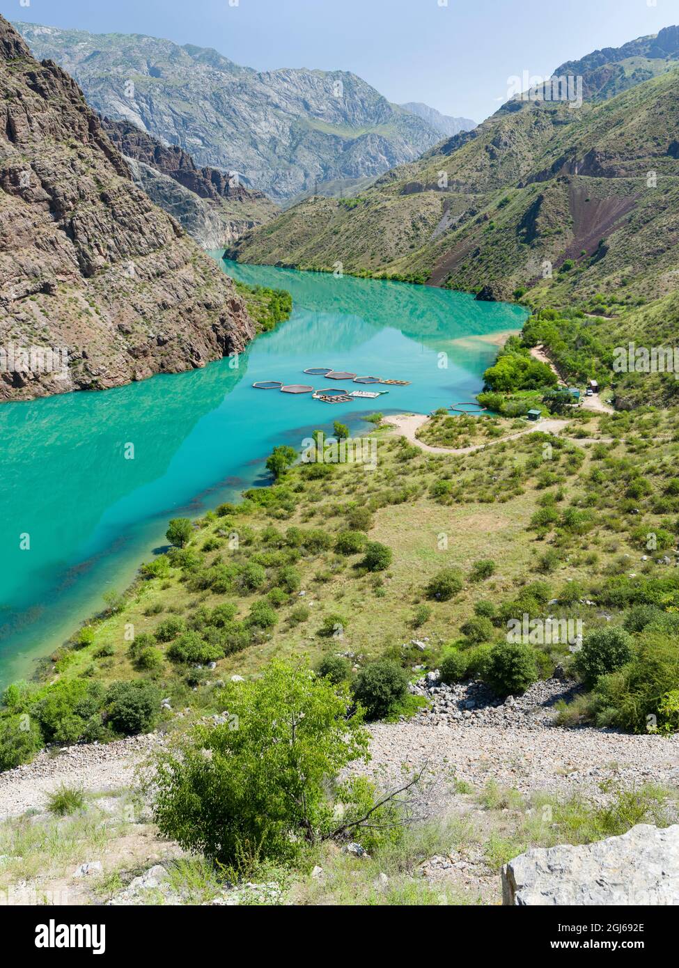 Landscape along the Tien Shan Highway, the Kurpsai Reservoir, at river ...