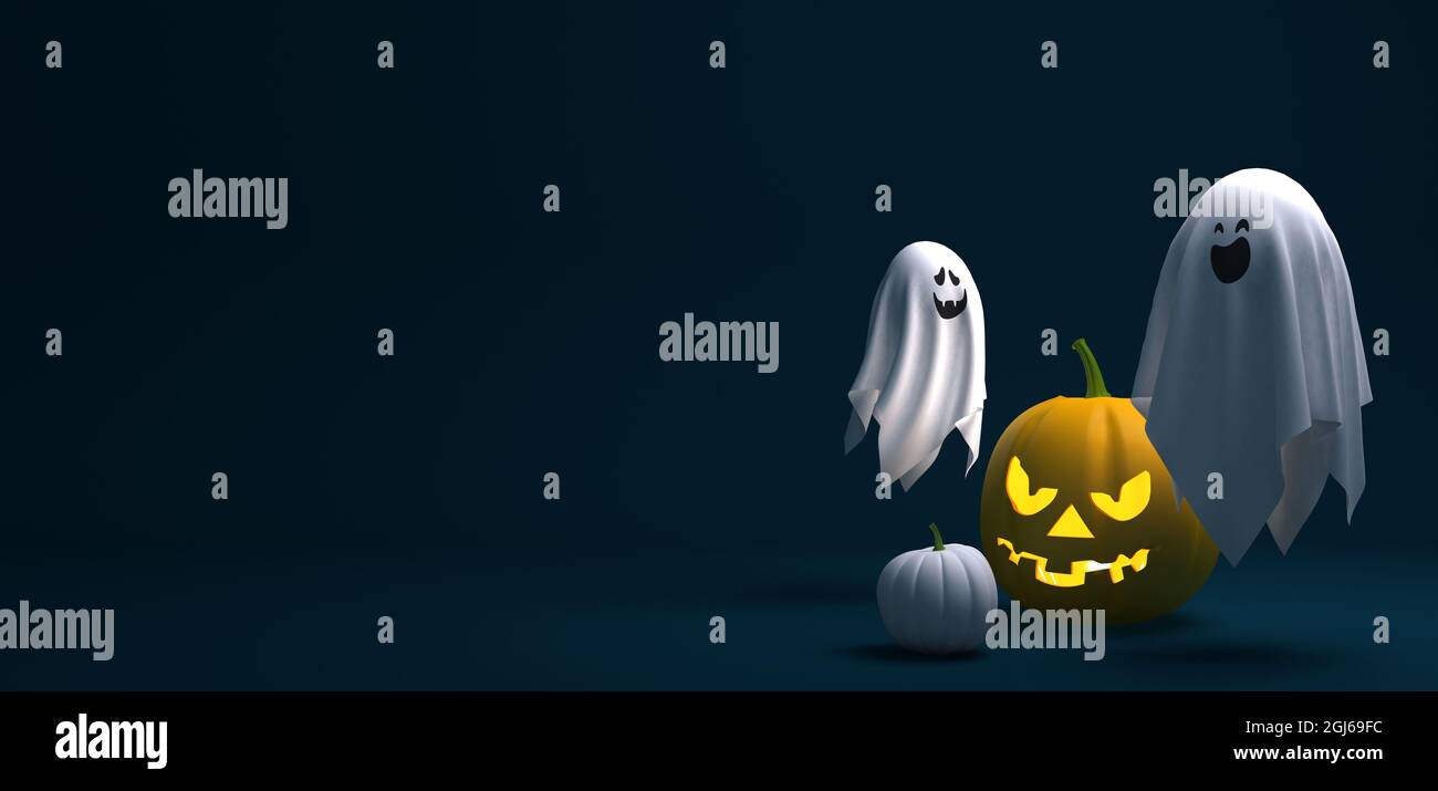 Three Halloween ghosts on dark background, 3d rendering Stock Photo - Alamy