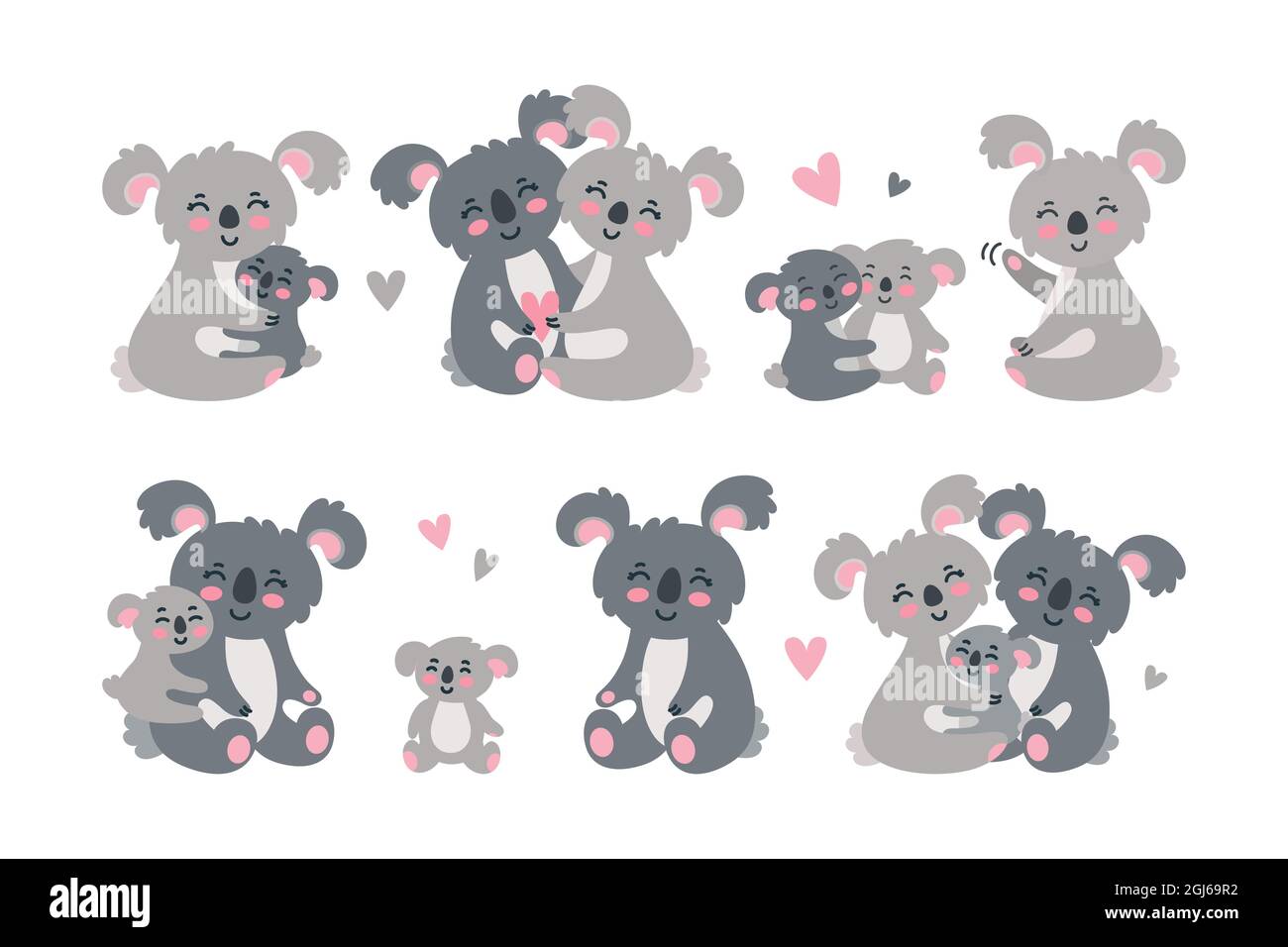 Koala family set. Hugging and loving koala parents with babies. Vector ...