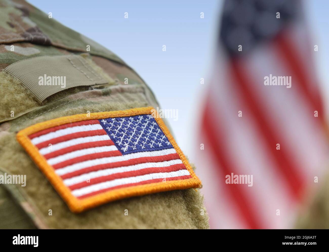 US soldiers. US army. USA patch flag on the US military uniform ...