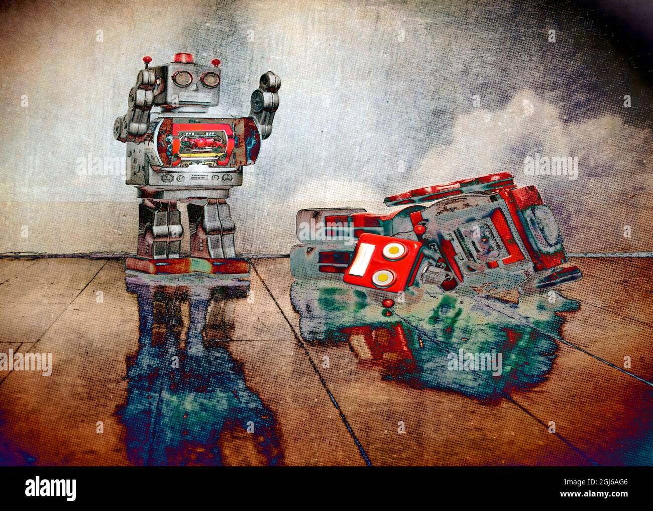 robot wars red robot defeated on old wooden floor Stock Photo - Alamy