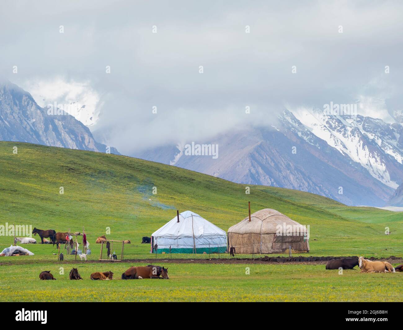 Traditional yurt the Transalai mountains in the background. Alaj valley ...