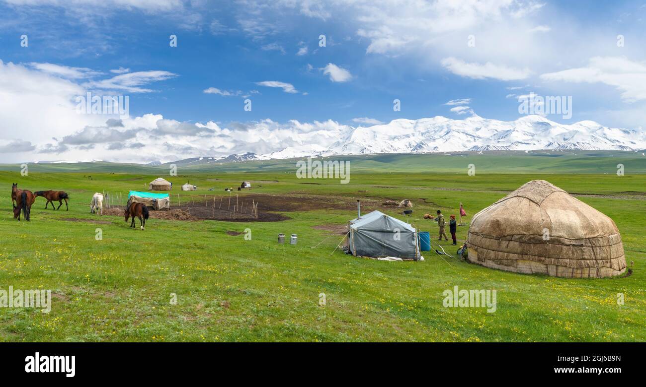 Traditional yurt in the Alaj valley with the Transalai mountains with ...