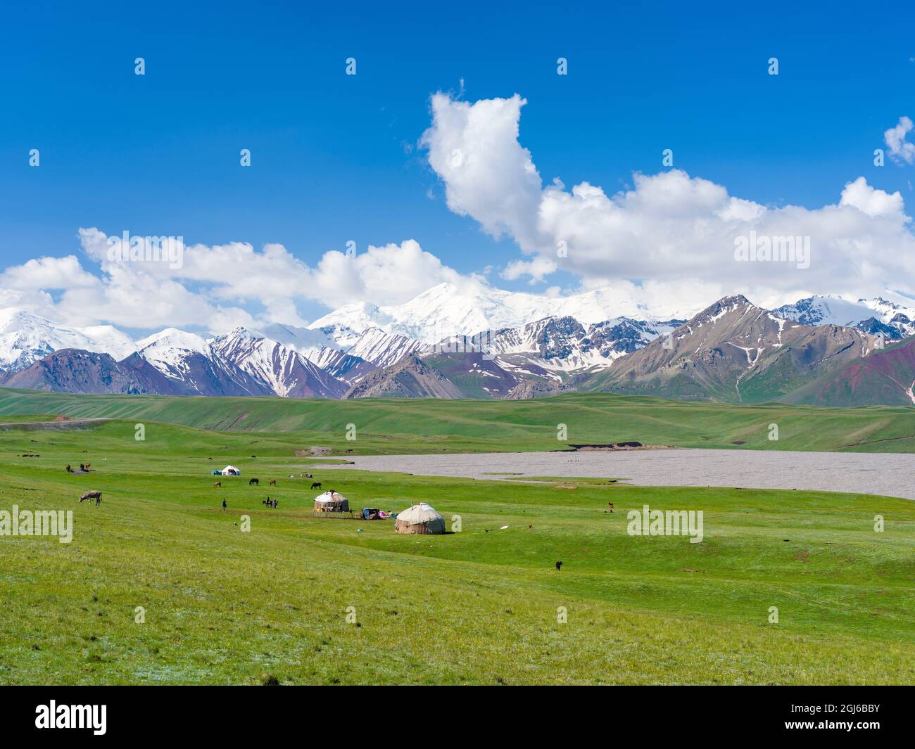 Traditional yurt in the Alaj valley with the Transalai mountains in the ...