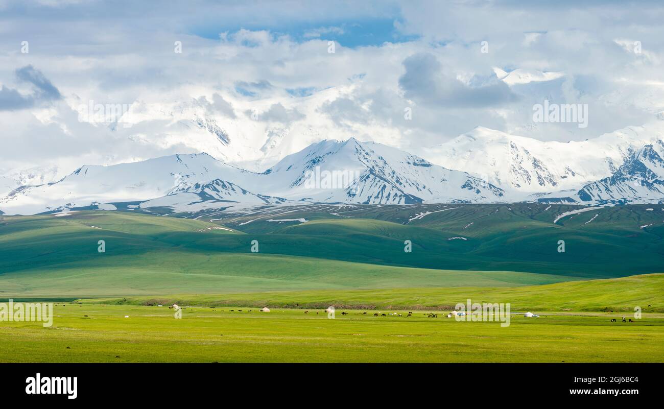 Traditional yurt in the Alaj valley with the Transalai mountains in the ...