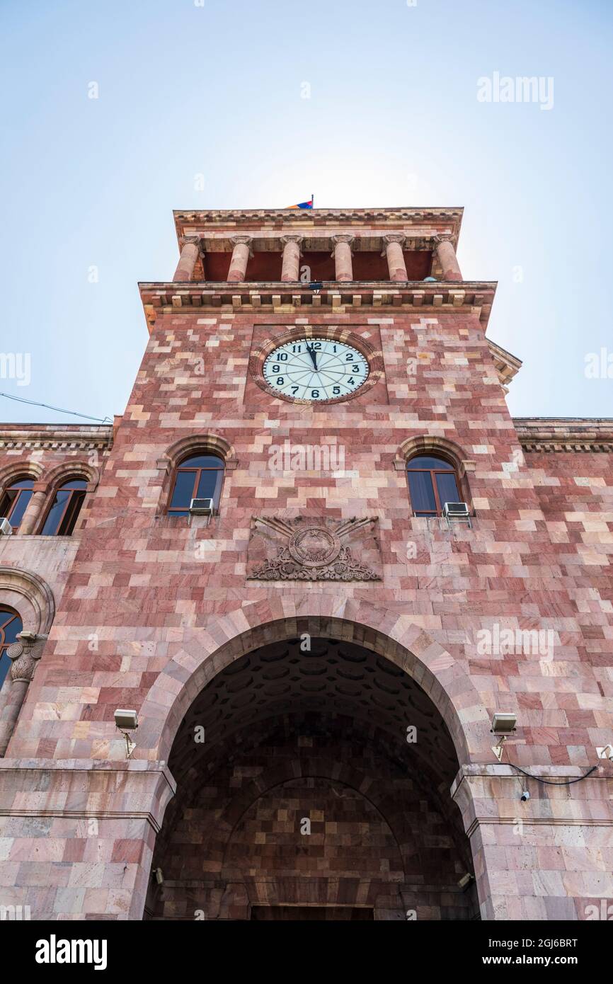 Armenia. Yerevan. Clock tower on government building in Republic Square ...