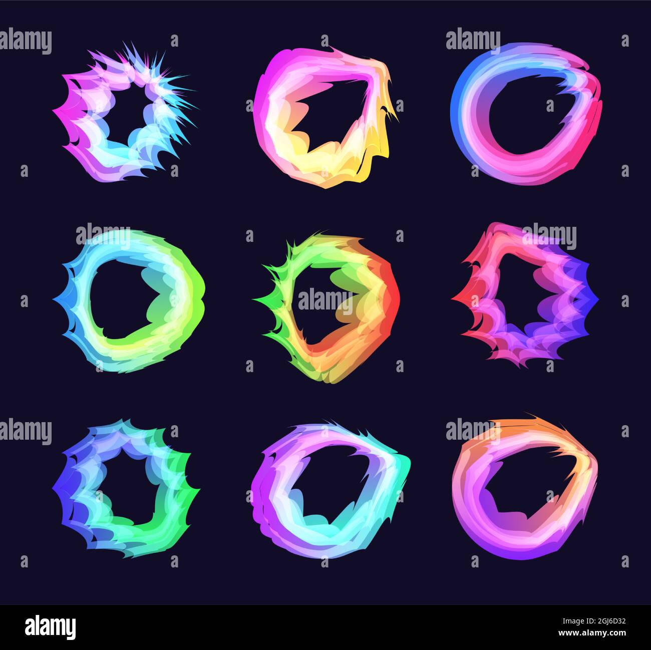 Abstract round deformed wheel icon set, fluid surreal molten paint ...