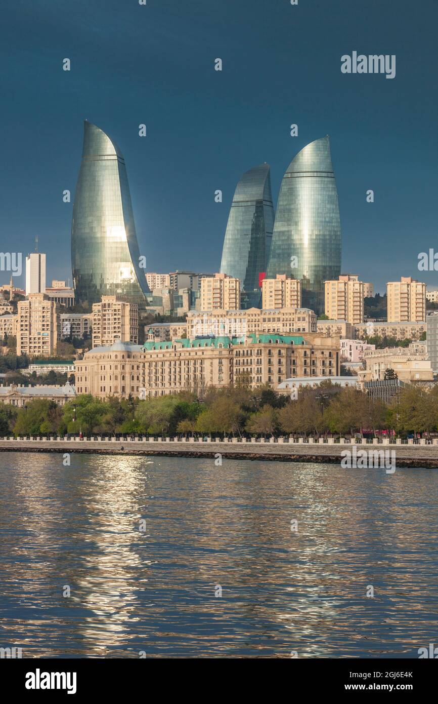 Azerbaijan, Baku. City skyline with Flame Towers from Baku Bay Stock ...