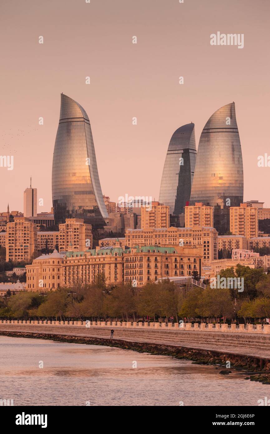 Azerbaijan, Baku. City skyline with Flame Towers from Baku Bay Stock ...