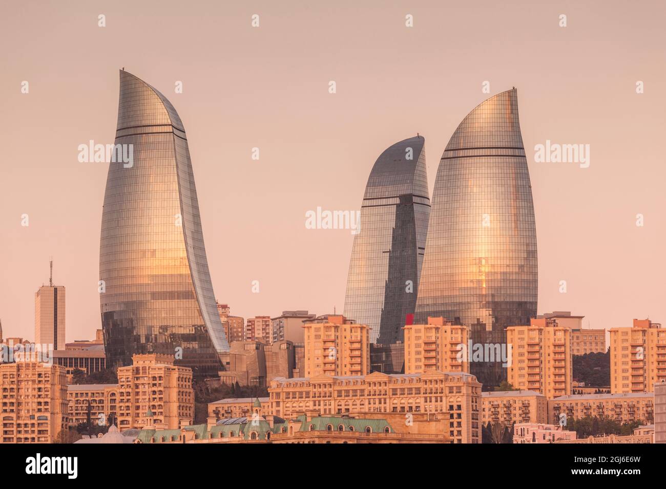 Azerbaijan, Baku. City skyline with Flame Towers from Baku Bay Stock ...