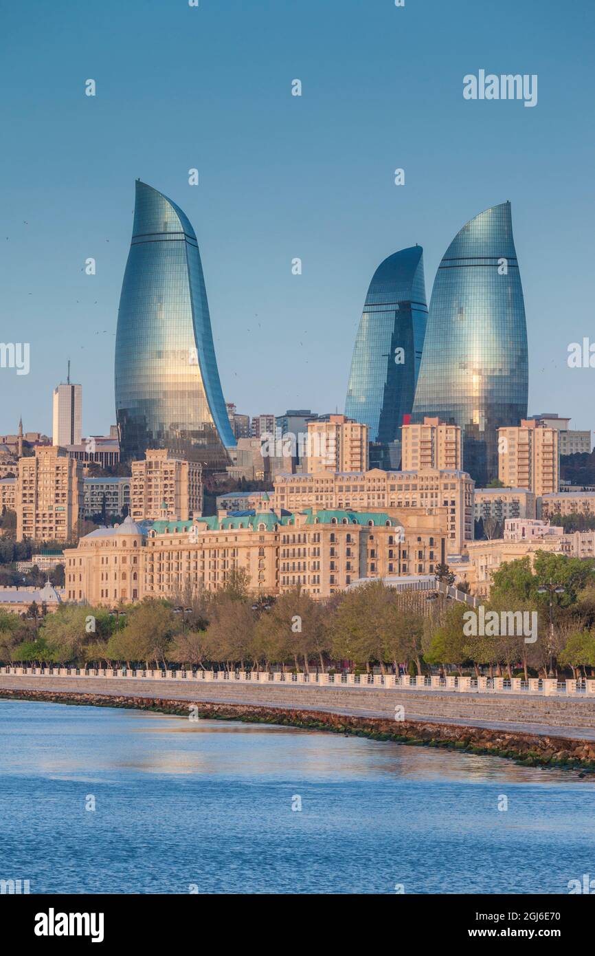 Azerbaijan, Baku. City skyline with Flame Towers from Baku Bay Stock ...