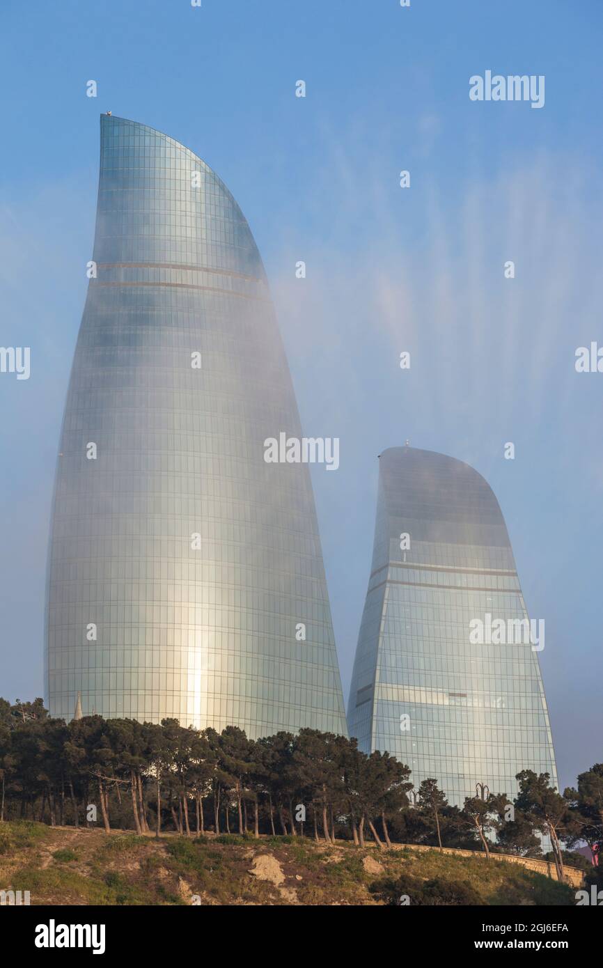 Azerbaijan, Baku. City skyline with Flame Towers from Baku Bay with fog ...