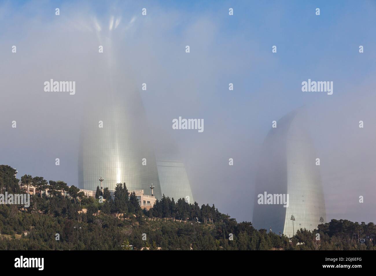 Azerbaijan, Baku. City skyline with Flame Towers from Baku Bay with fog ...