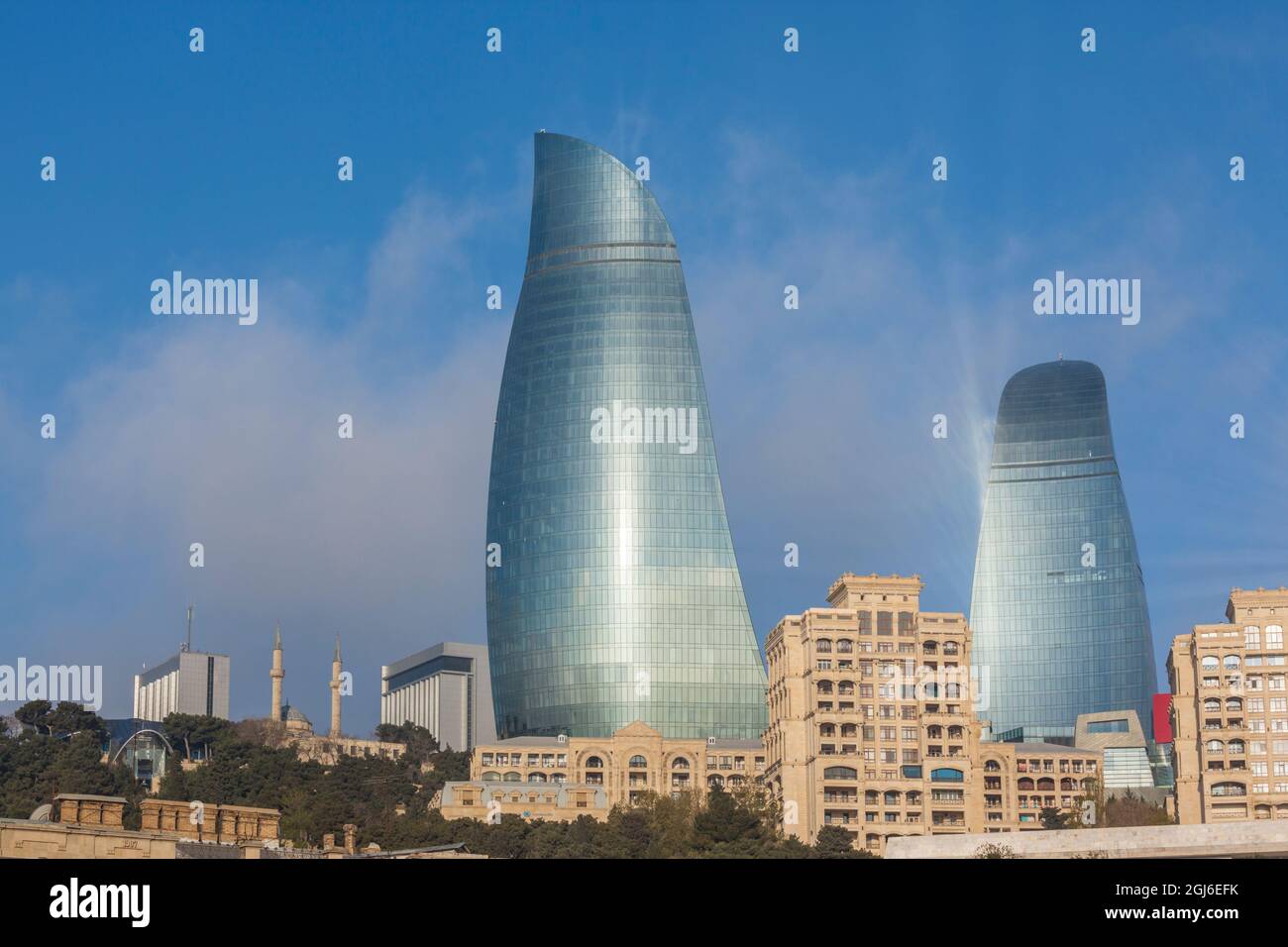 Azerbaijan, Baku. City skyline with Flame Towers from Baku Bay with fog ...