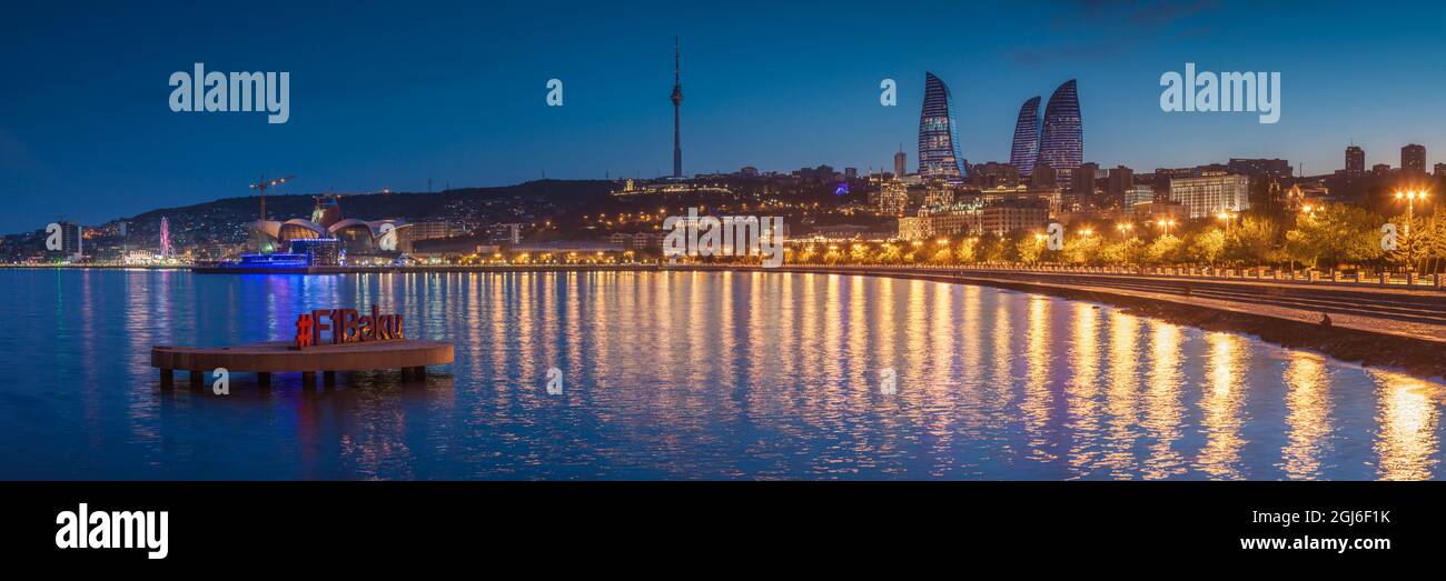 Azerbaijan, Baku. Bulvar Promenade, city skyline with Baku Television ...