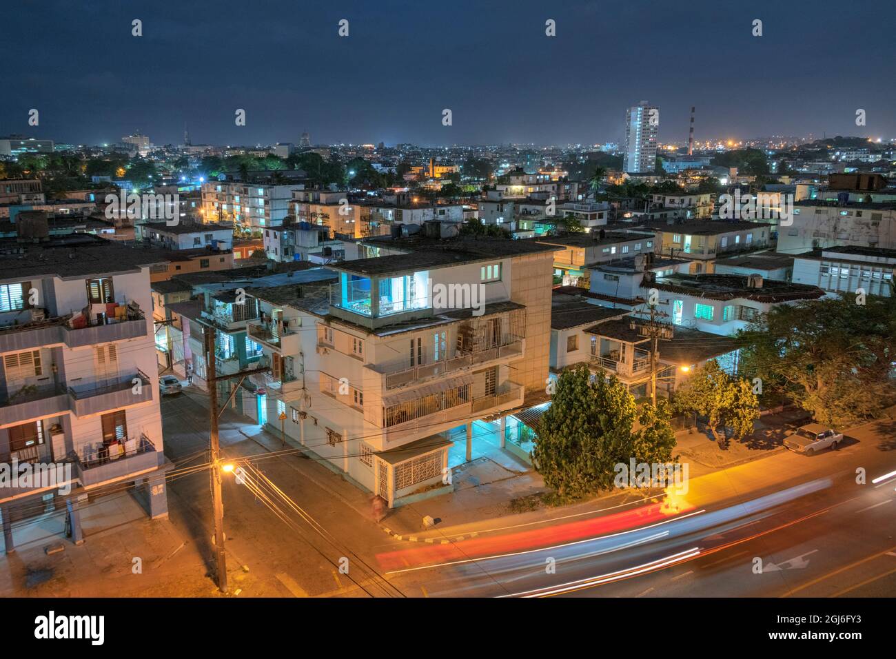 Bird's eye night-time view of central Vedado residential neighborhood ...