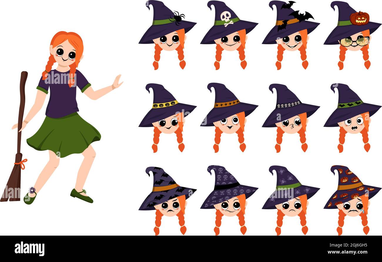 A girl in a witch costume with a hat and a broom for Halloween and a ...