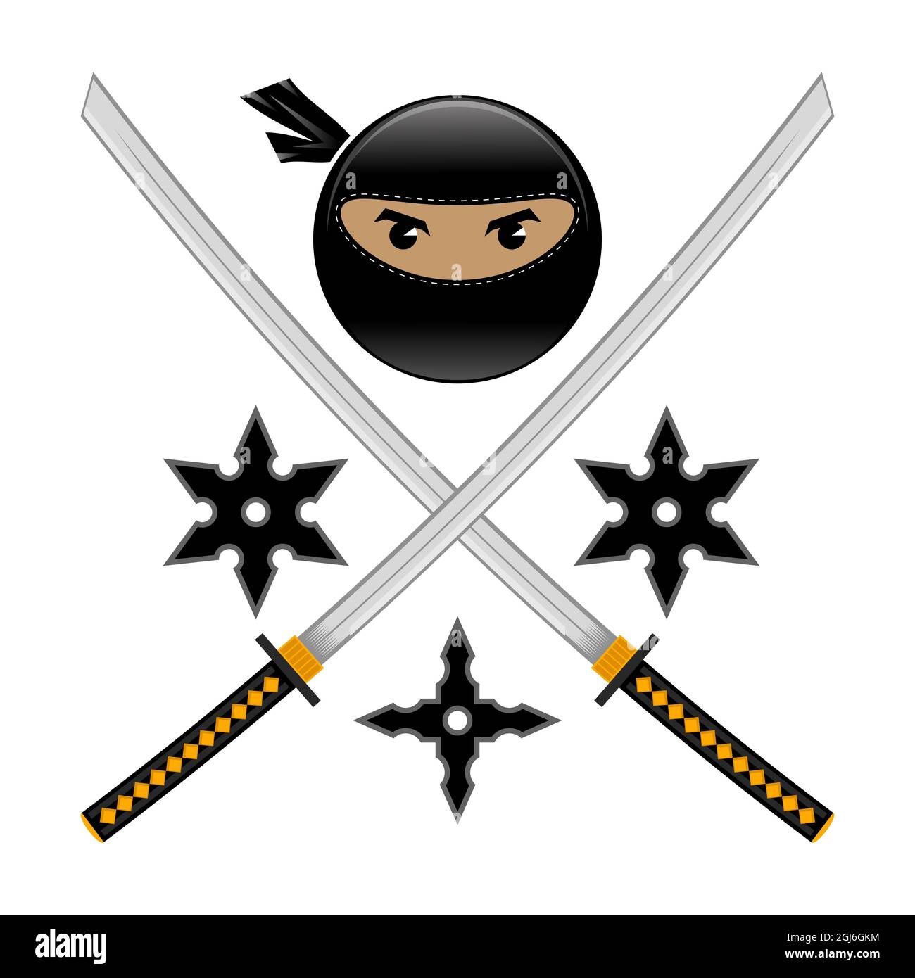Cartoon Ninja Face Icon with Katana and Metal Stars Isolated on White ...