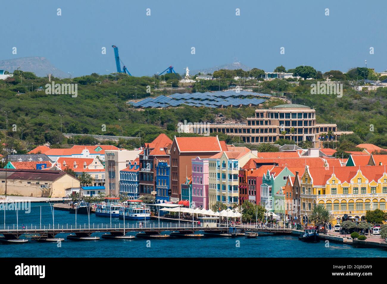Aerial view of capital city Willemstad with Queen Emma Bridge, Curacao ...
