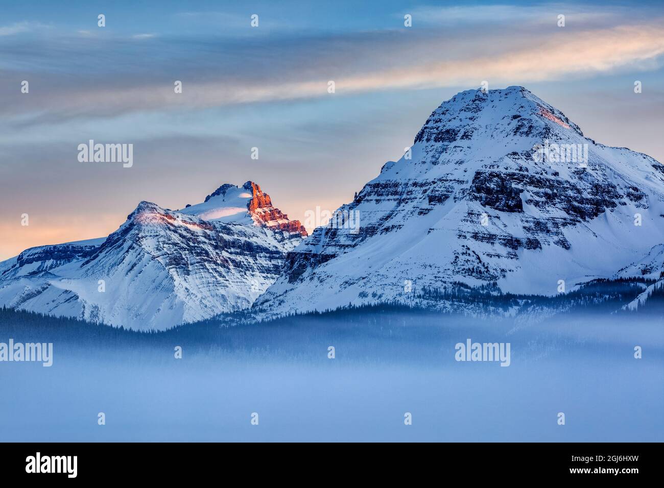 Canada, Alberta, Banff National Park, Mount Hector, Bow Peak, and fog ...