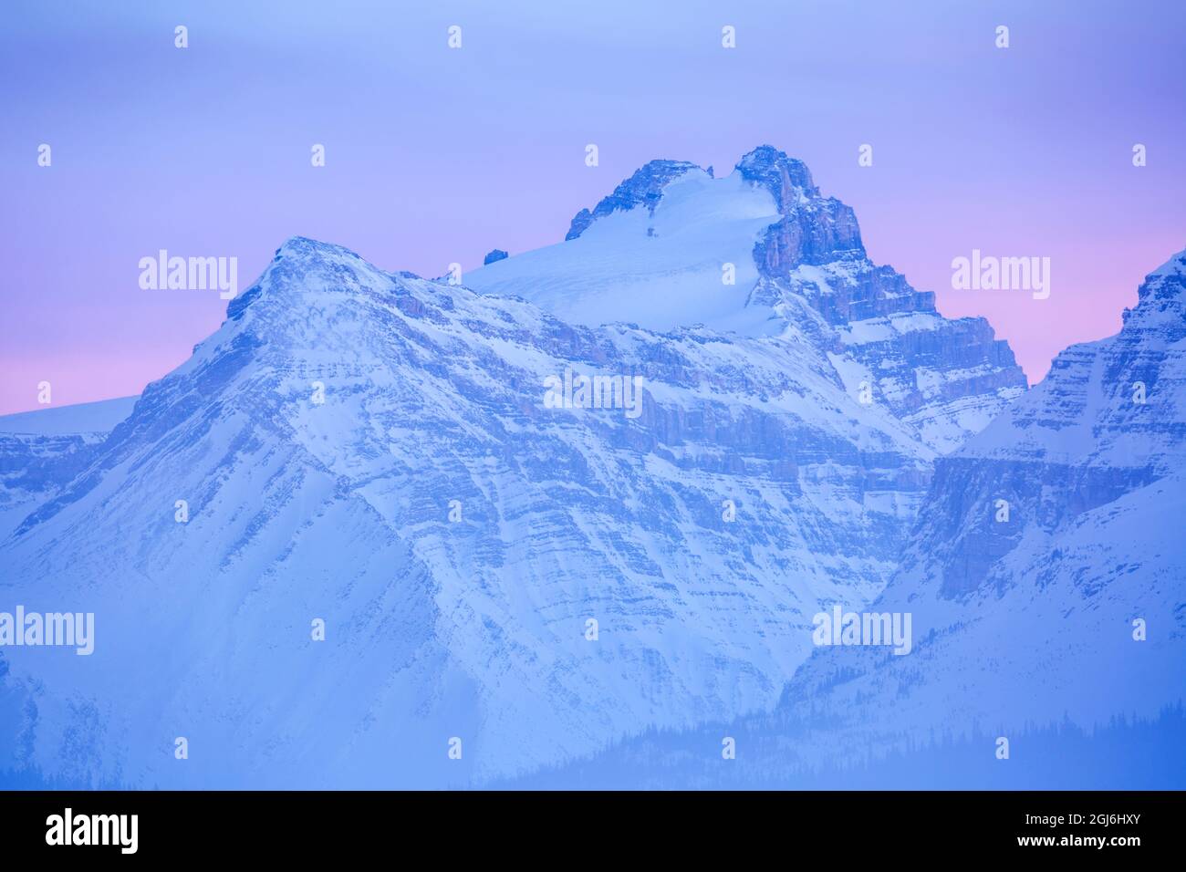 Canada, Alberta, Banff National Park, Fog and dusk over Mount Hector ...