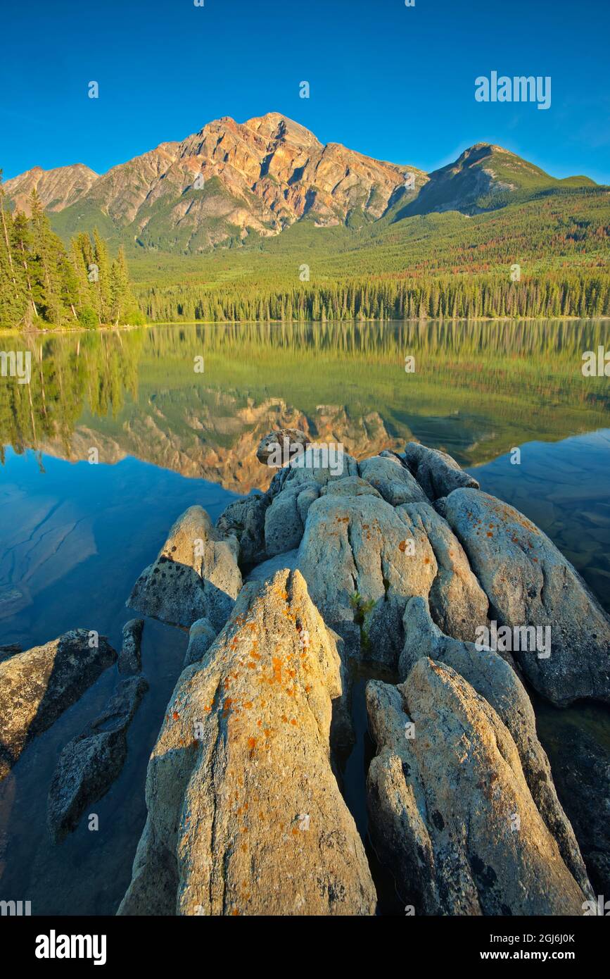 Canada, Alberta, Jasper National Park. Pyramid Mountain and reflections ...