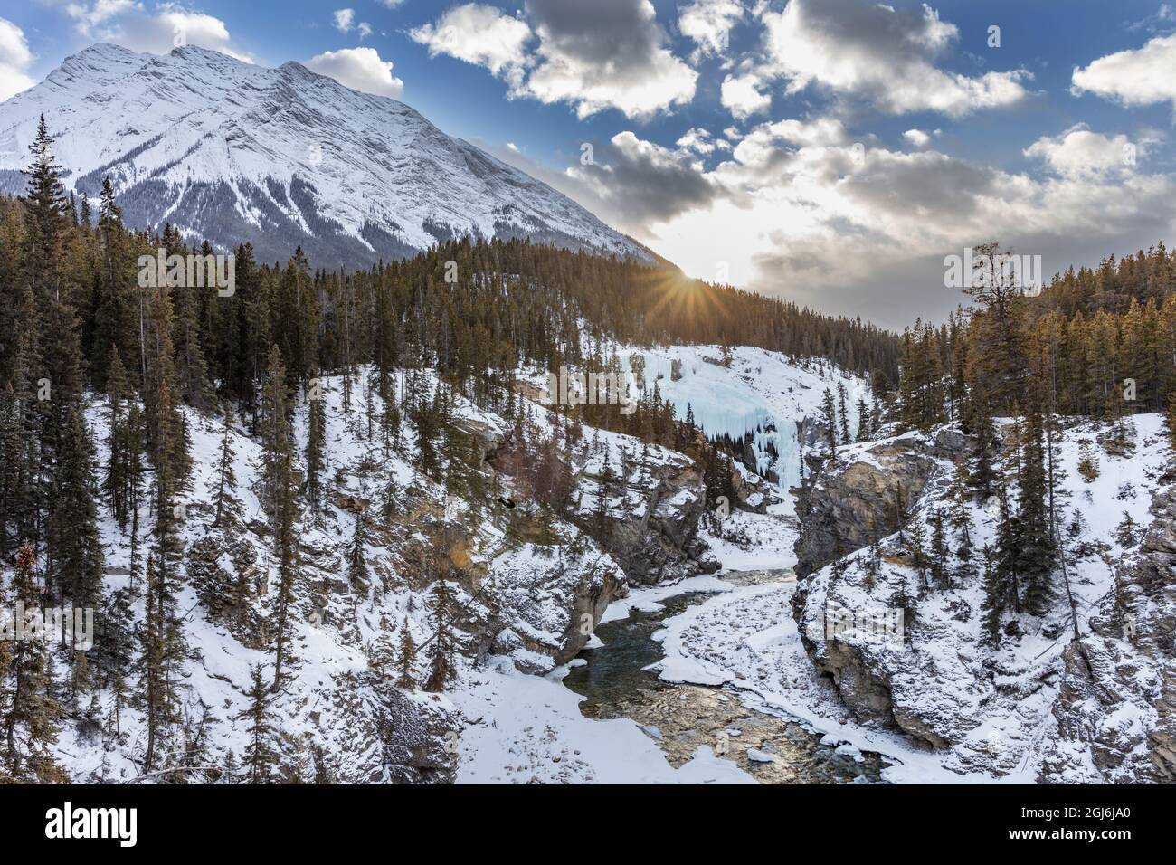 The Cline River Canyon with Sentinel Mountain in winter near Nordegg ...