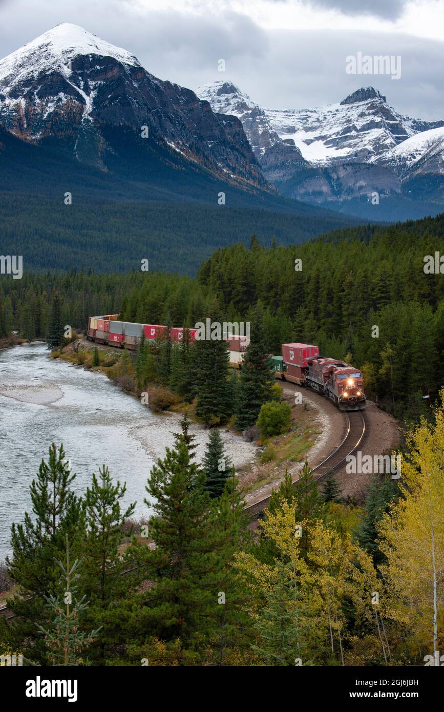 Canada, Alberta. Train traveling through Jasper National Park Stock ...