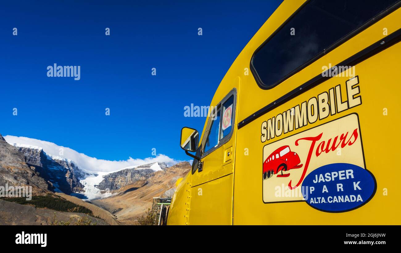 Snowmobile tour at the Athabasca Glacier, Jasper National Park, Alberta ...