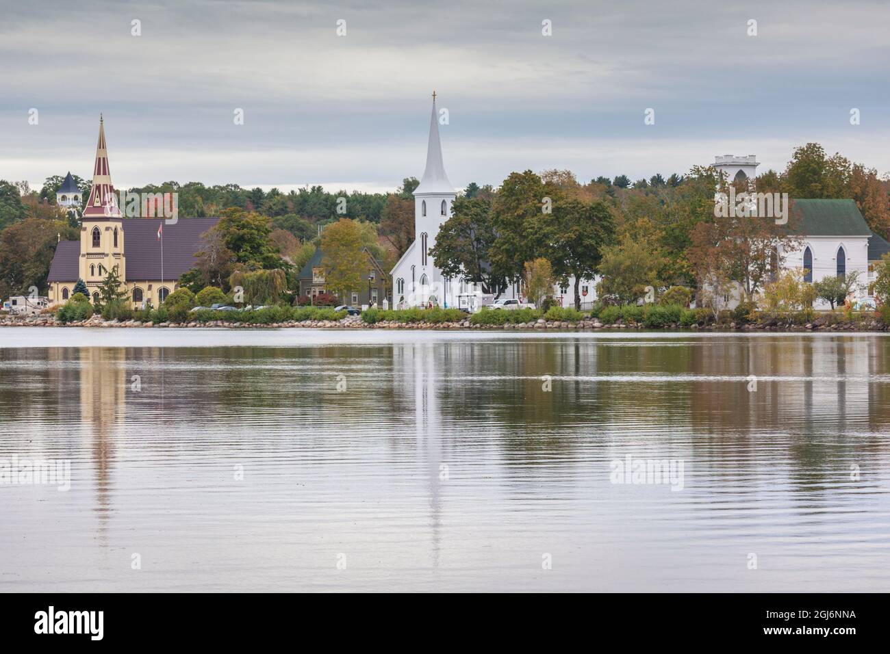 Canada, Nova Scotia, Mahone Bay. The town's three famous churches Stock ...