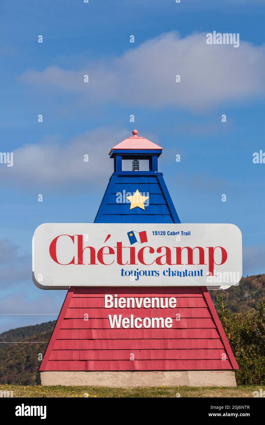 Canada, Nova Scotia, Cabot Trail. Cheticamp welcome lighthouse Stock ...
