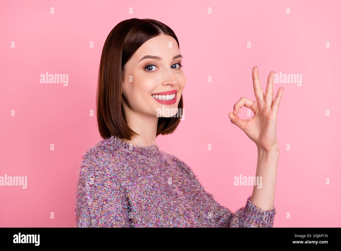 Photo of positive nice lady show okey sign approving beaming smile wear ...