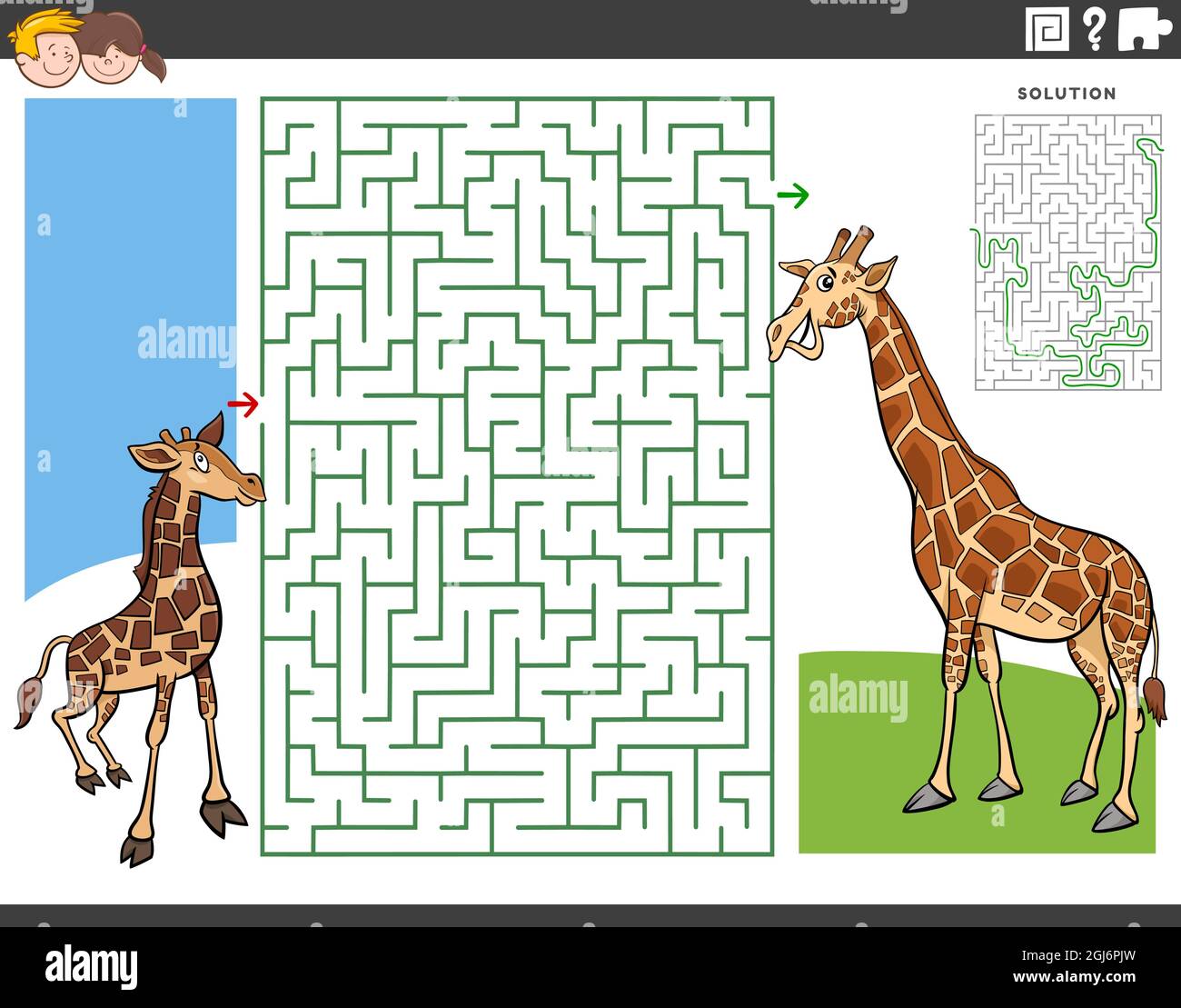 Cartoon illustration of educational maze puzzle game for children with ...