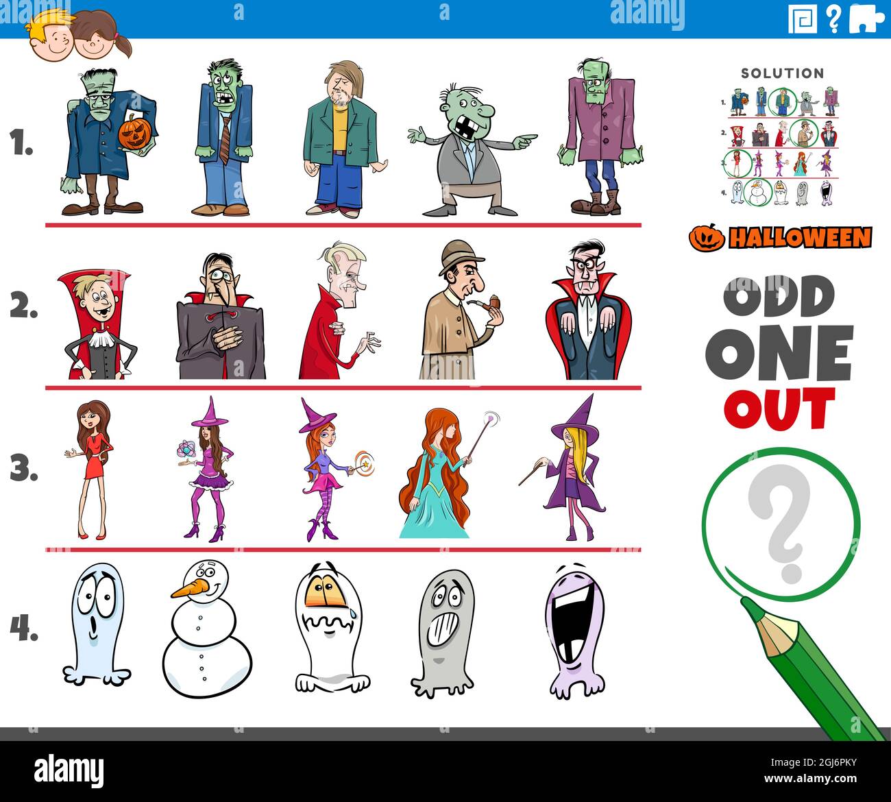Cartoon illustration of odd one out picture in a row educational game ...