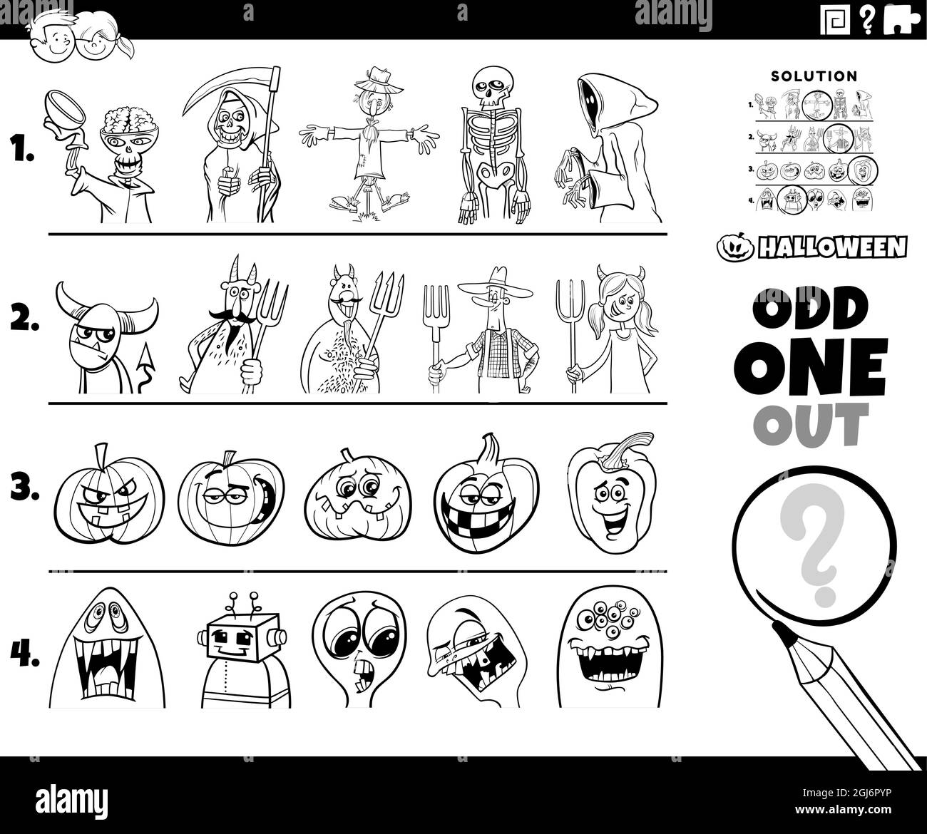 Black and white cartoon illustration of odd one out picture in a row ...