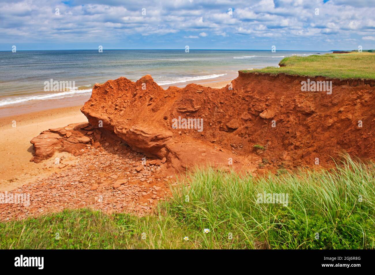 Canada, Prince Edward Island, Park Corner. Red sandstone cliffs along ...